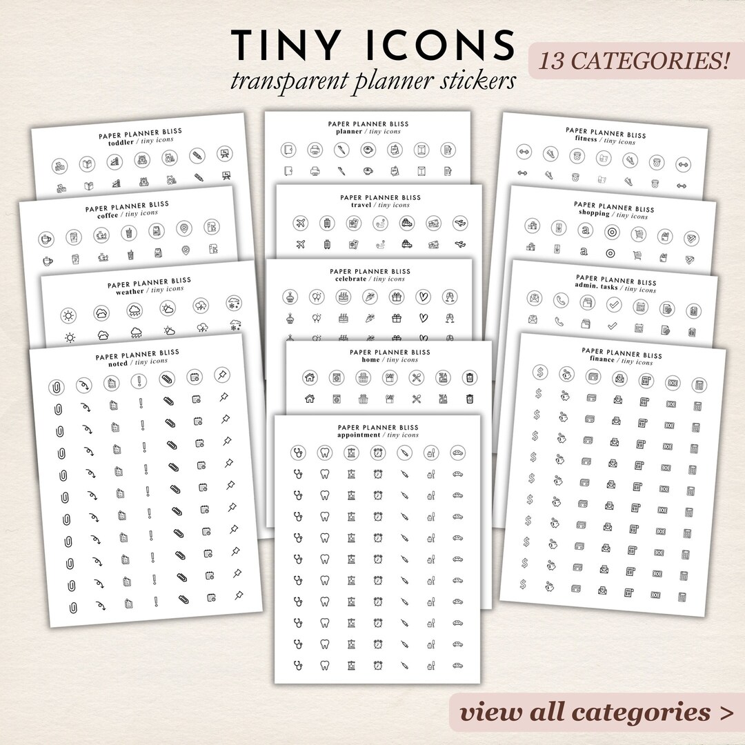 TINY ICONS PLANNER Transparent Stickers - Functional Planner Stickers | Minimal Planner ...