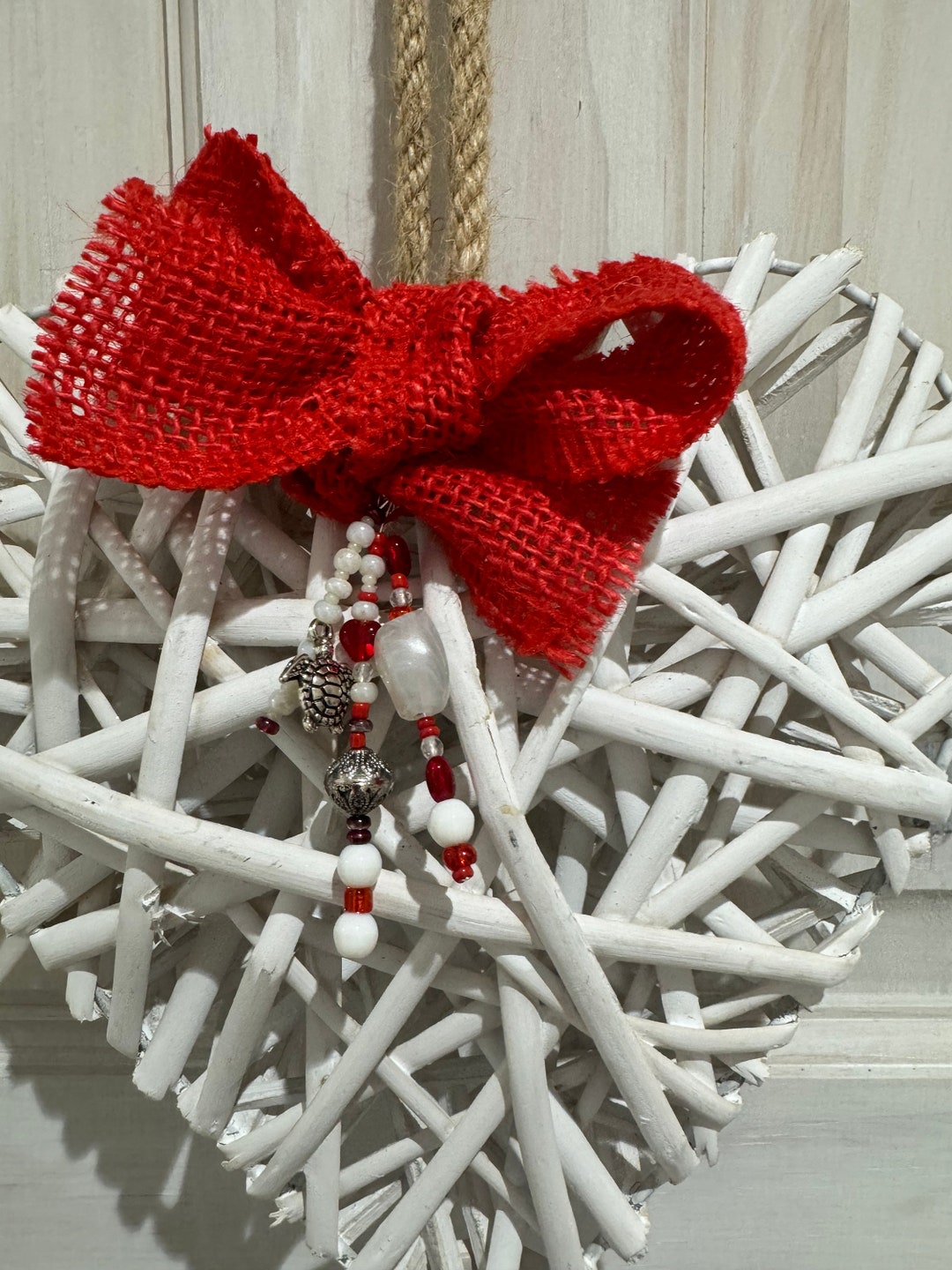 Pretty Wicker Hanging White Heart Decorated With Crystal Red Heart ...