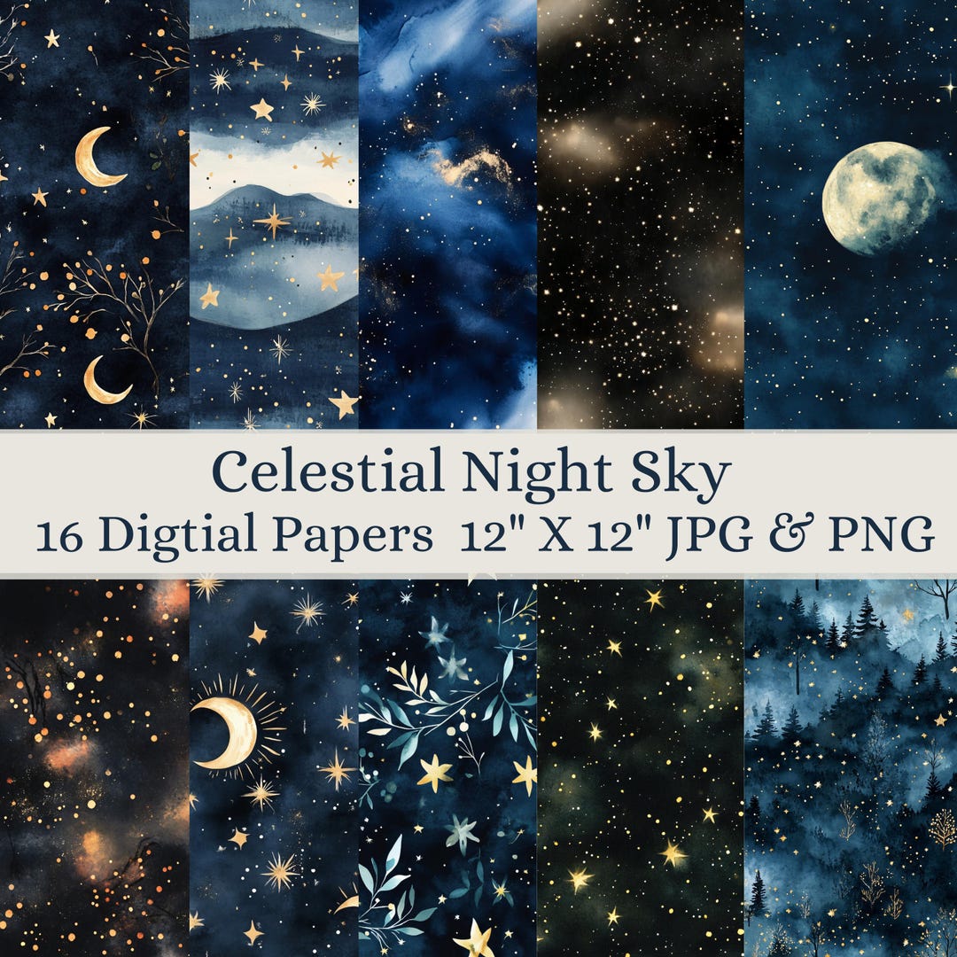 Celestial Night Sky Digital Paper Pack Seamless Patter Scrapbook Paper ...
