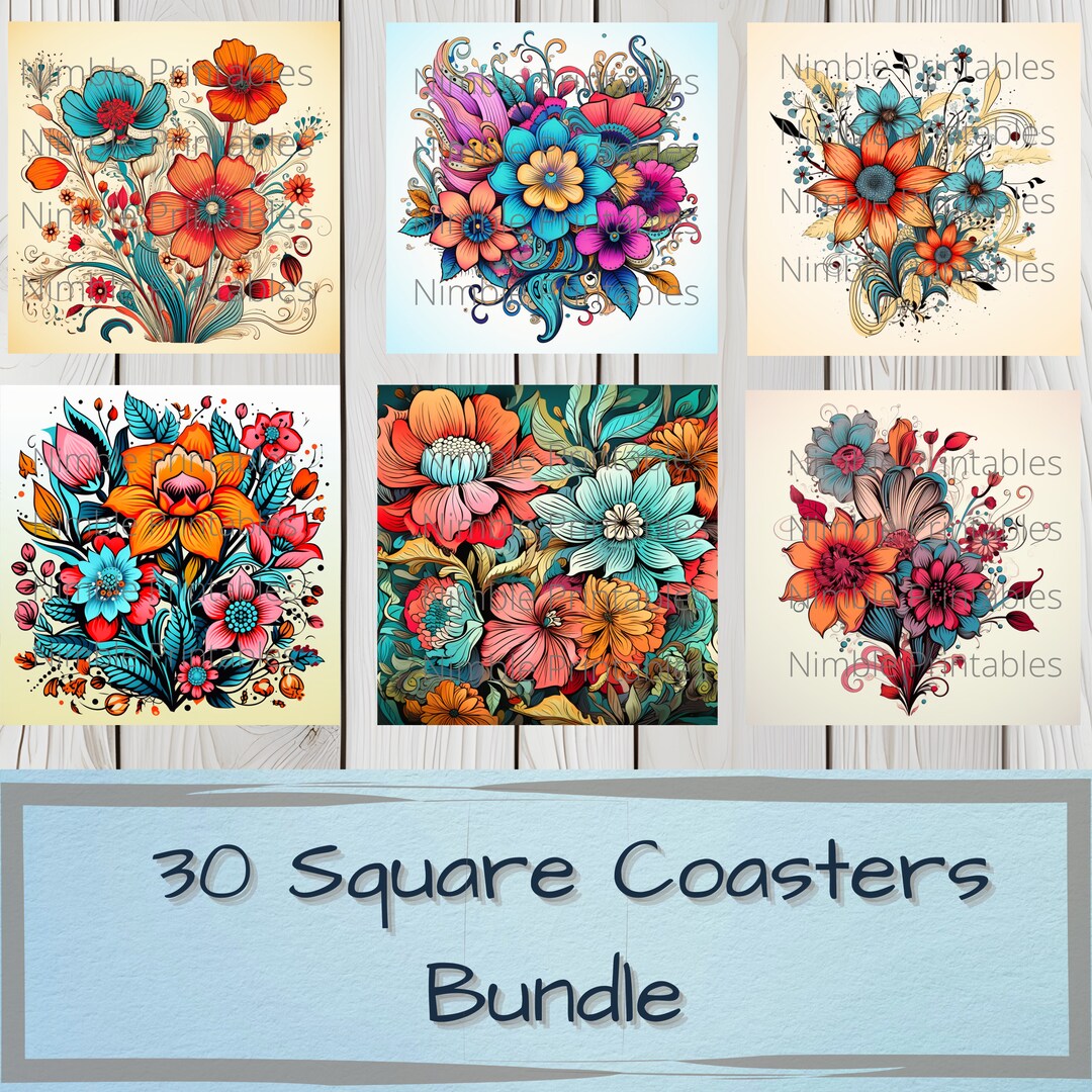 Boho Floral Square Coaster PNG, Coaster Bundle, Floral Png, Boho PNG ...
