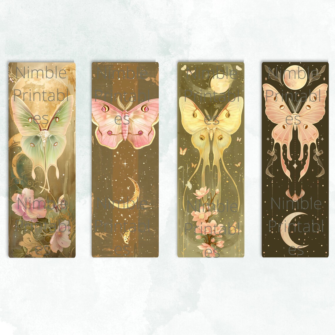 Printable Bookmarks Bundle Celestial Luna Moth, Digital Downloads ...