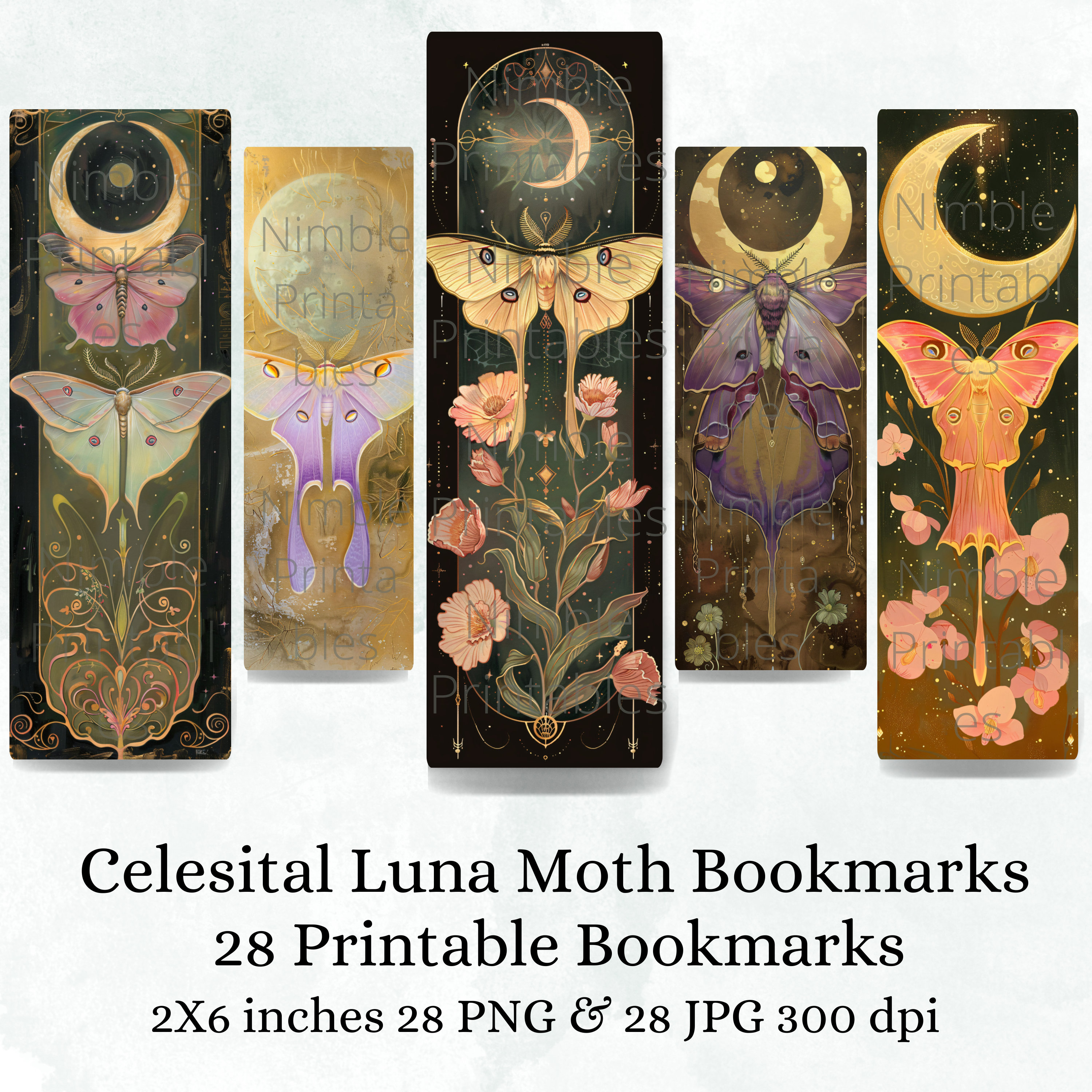 Printable Bookmarks Bundle Celestial Luna Moth, Digital Downloads ...