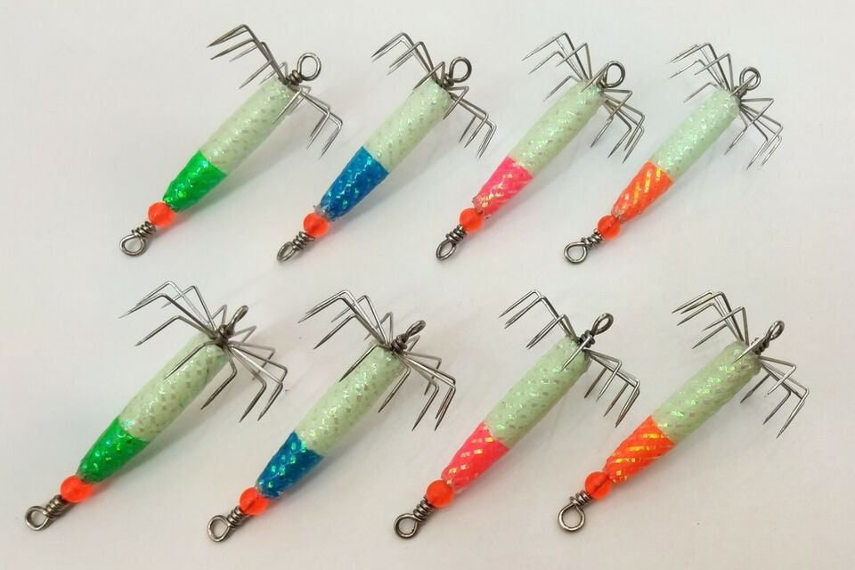 8pc Squid Jig - 1/3oz With 4 Color, Super Glow in Dark , West Coast and ...