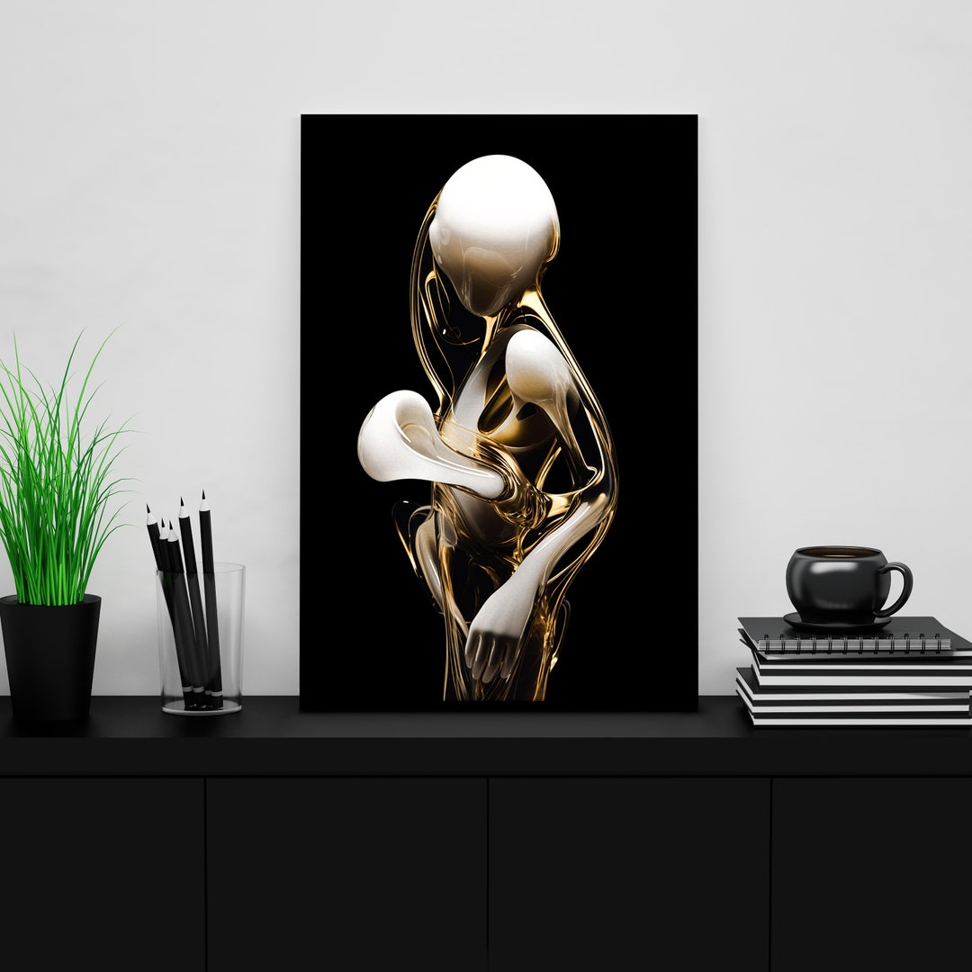 Wandbild Modern Bild in Weiß und Gold auf Schwarz, Skulptur Luxury ...