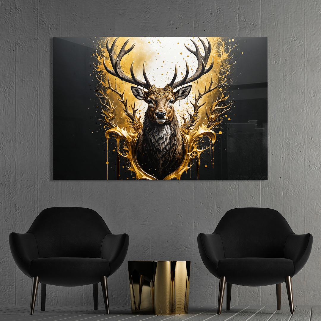 Wandbild Splash ink Hirsch golden, Deer HÖRNER Tier Modern Kunst Art ...