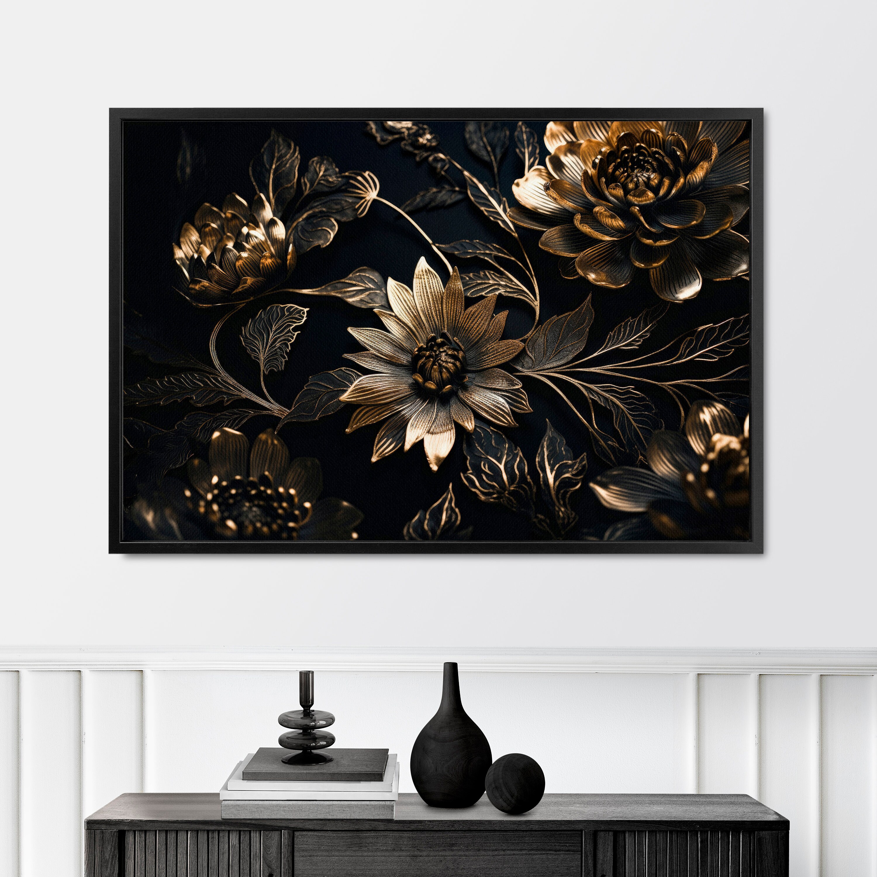 Goldene Luxus Blume, Wandbild Premium, Leinwand mit Rahmen XXL 120 x 80 ...