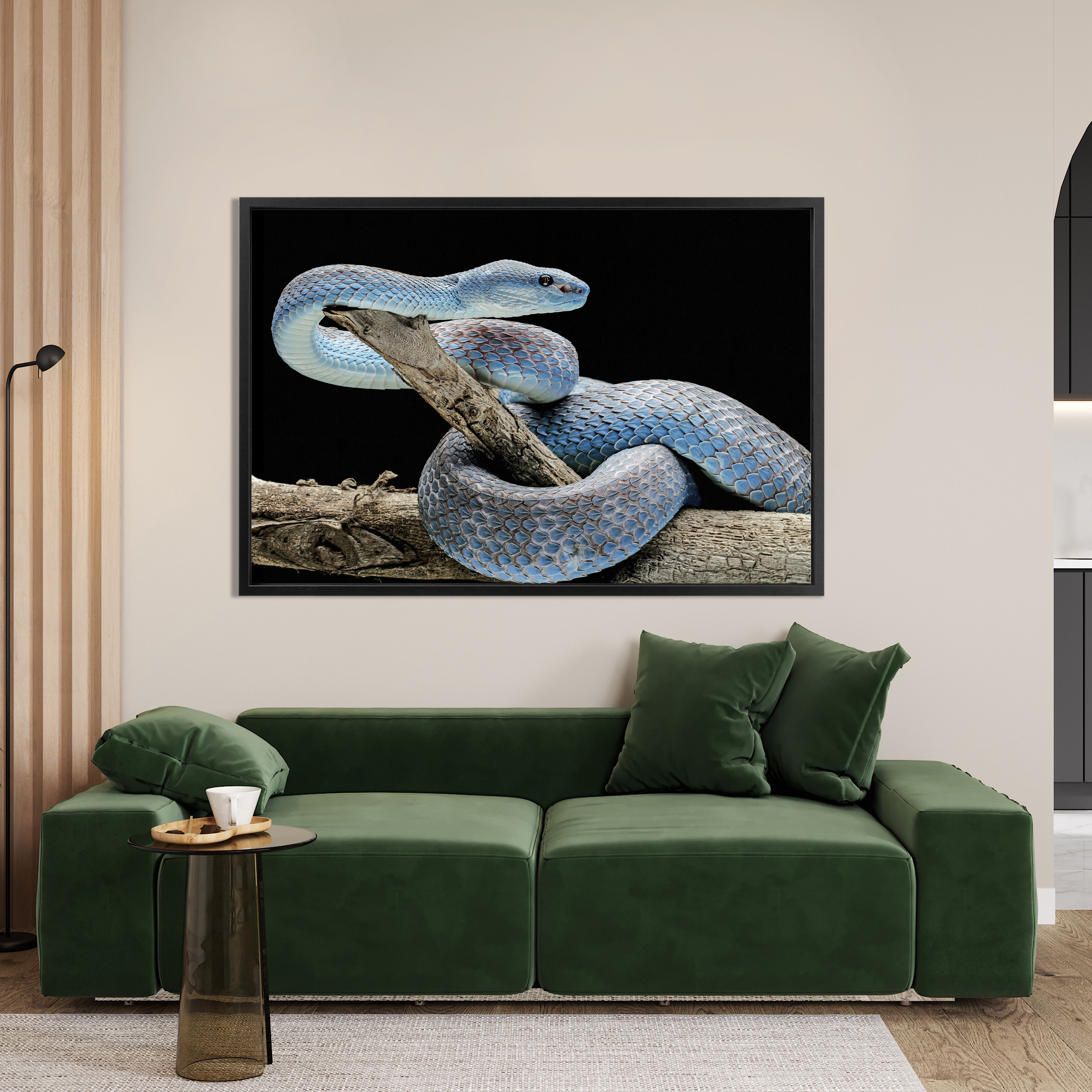 Blaue Schlange, Tier Wandbild Premium, Leinwand mit Rahmen XXL 120 x 80 ...