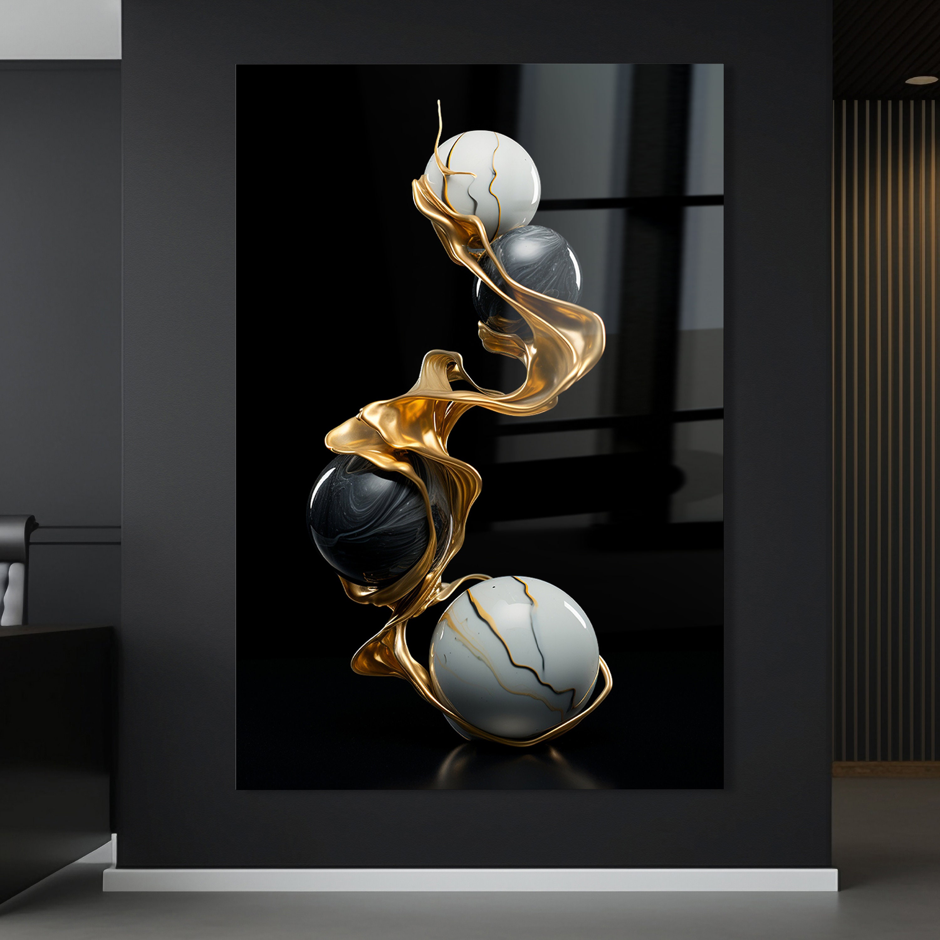 Wandbild Modern Bild in Weiß und Gold auf Schwarz, Skulptur Luxury ...