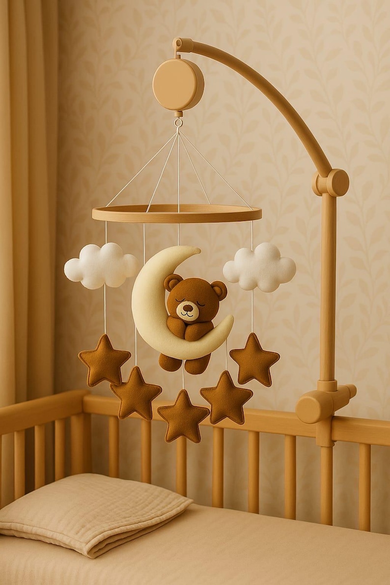 Moon and Stars Baby Mobile – Handmade Felt Crib Mobile With Teddy Bear ...