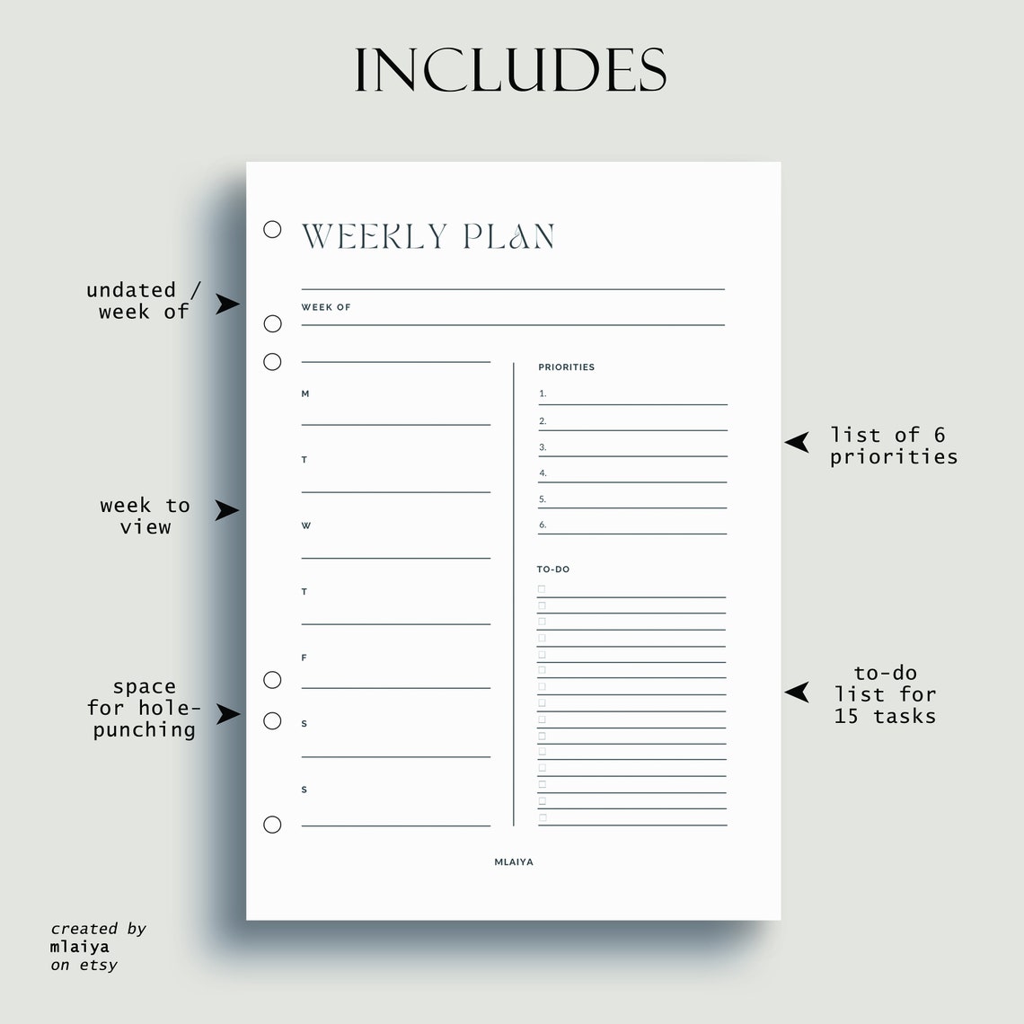Undated Weekly Planner Printable PDF Weekly Productivity - Etsy