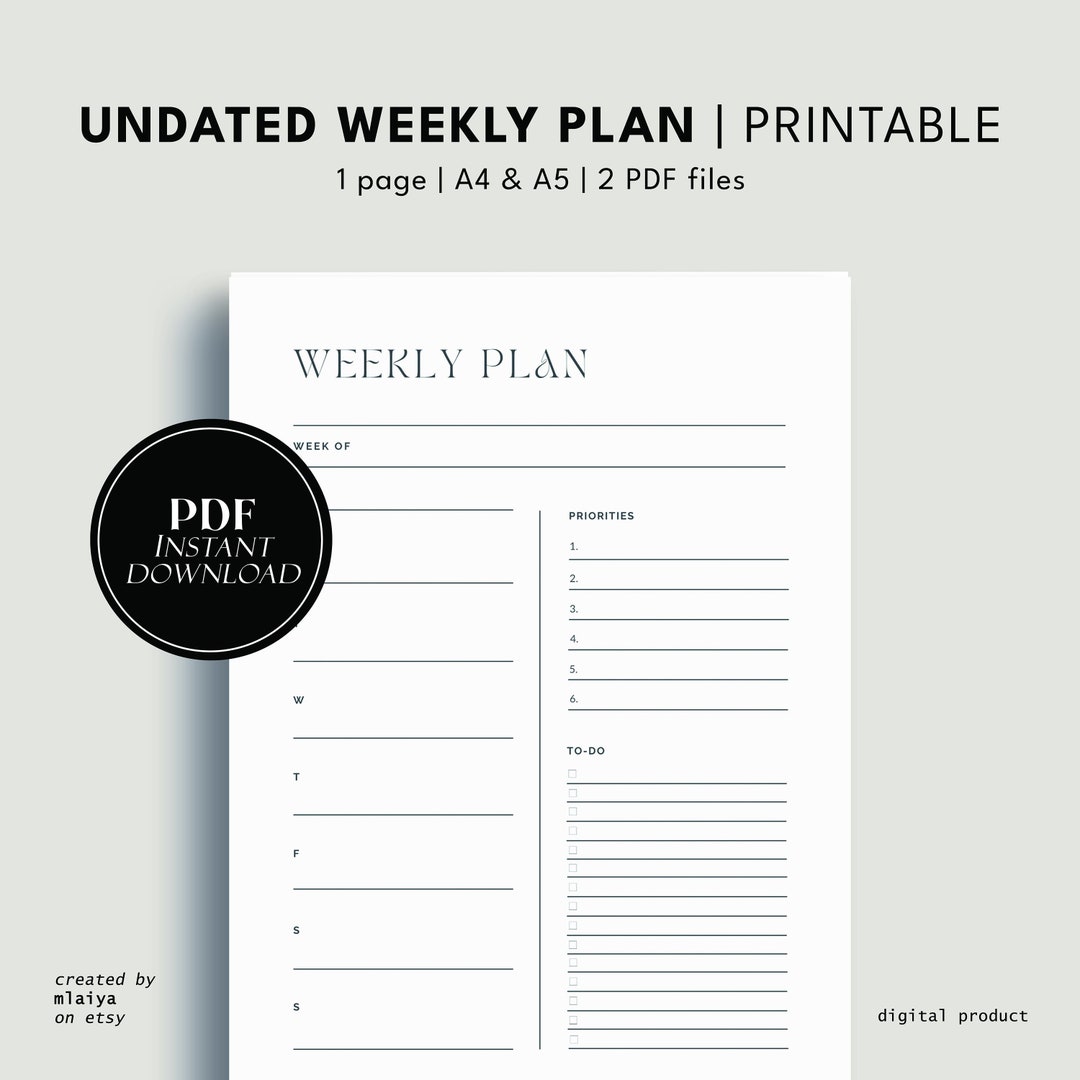 Undated Weekly Planner Printable PDF, Weekly Productivity Planner ...