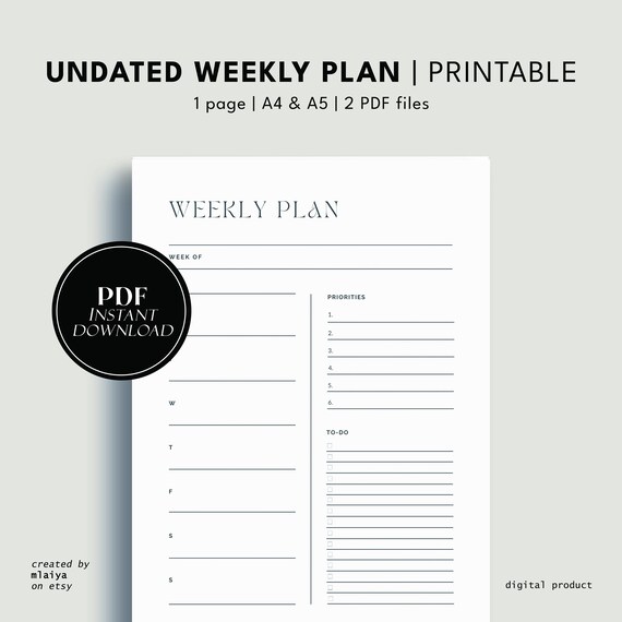 Undated Weekly Planner Printable PDF Weekly Productivity - Etsy