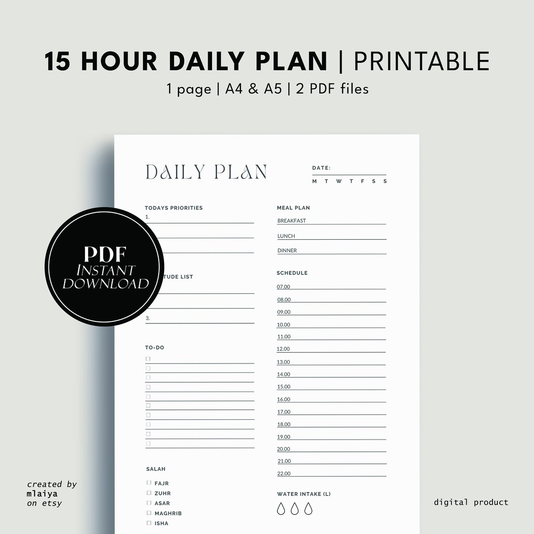 15 Hour Daily Planner Printable PDF, Undated Productivity Planner ...