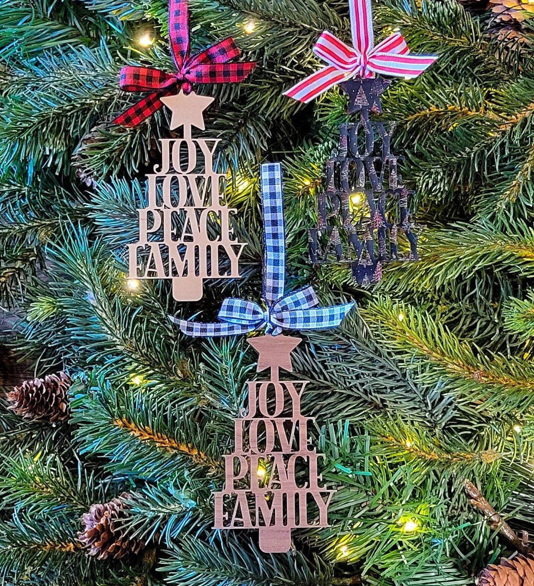Joy, Love, Peace, Family Tree Shape Ornament, Laser Cut Wood or Acrylic ...