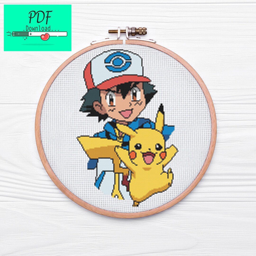 Ash and Pikachu Cross Stitch Pattern, Pokemon Cross Stitch Pattern ...