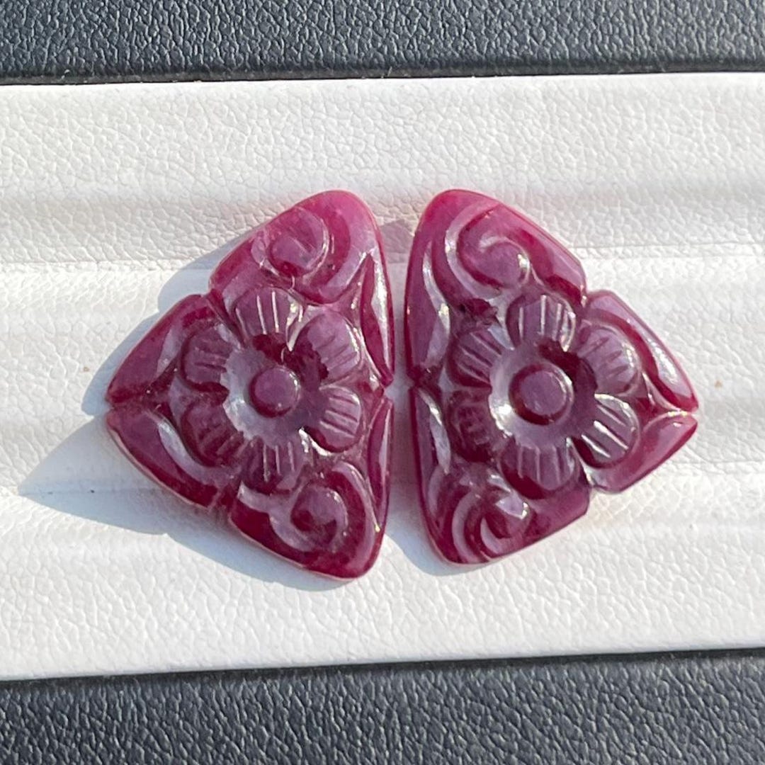 Natural Ruby Gemstone Pair, Hand Carved Mughal Style Fancy Shape for ...
