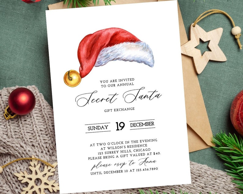 Delicate Secret Santa Party Invitation Template, Christmas Party ...