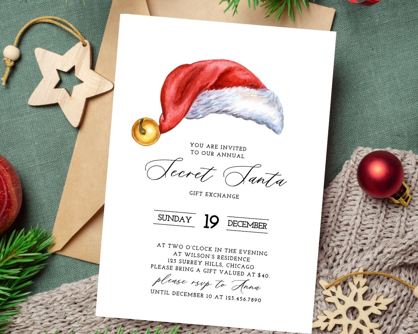 Delicate Secret Santa Party Invitation Template, Christmas Party ...