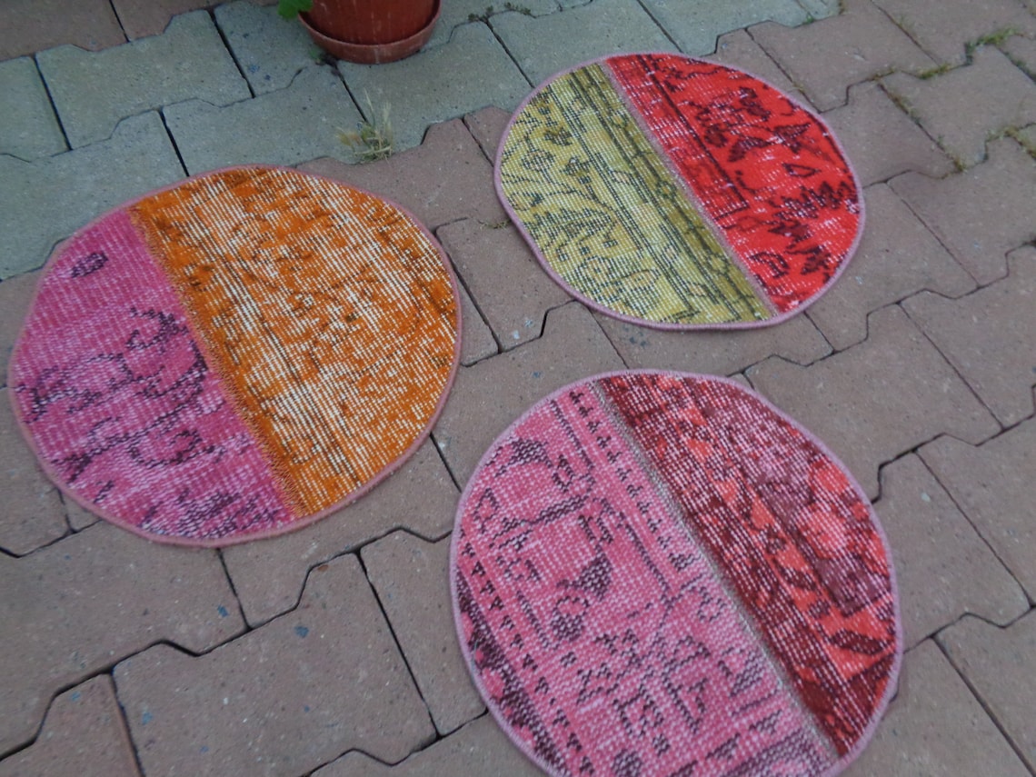 3 Vintage Coasters, Circle Rugs, Colorful Under Plates, Round Carpets ...