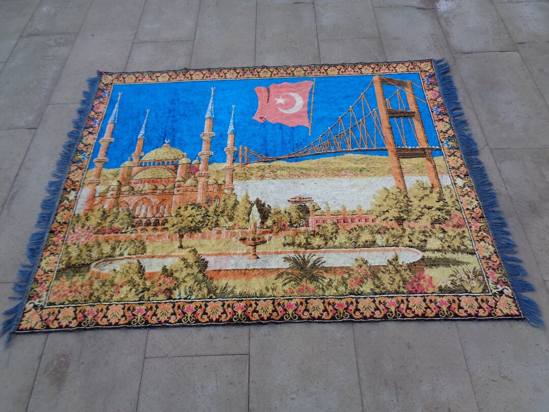 Blue Wall Art Rug, Wall Hangings Rug, Istanbul Velvet Tapestry, Turkish ...