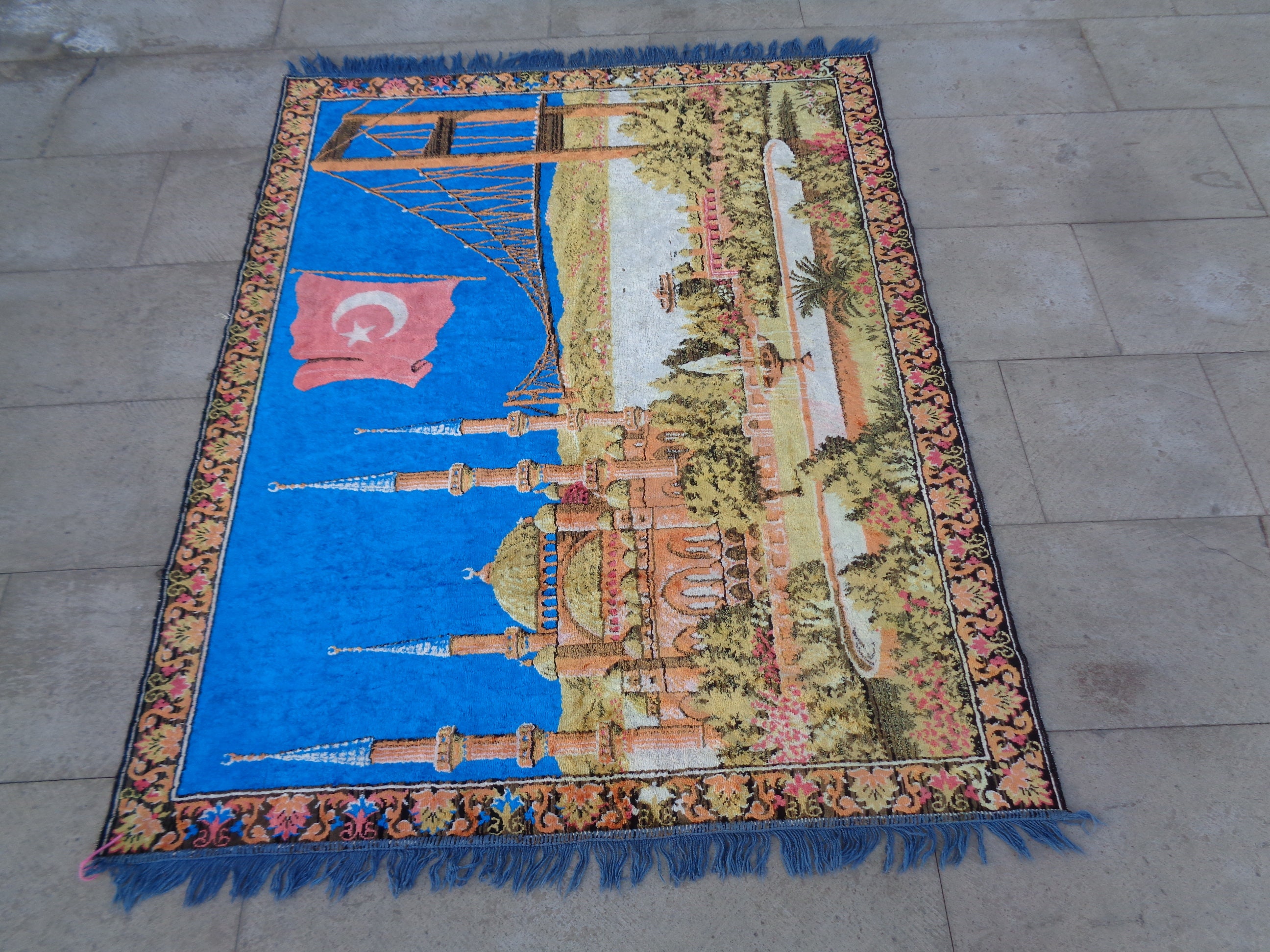 Blue Wall Art Rug, Wall Hangings Rug, Istanbul Velvet Tapestry, Turkish ...