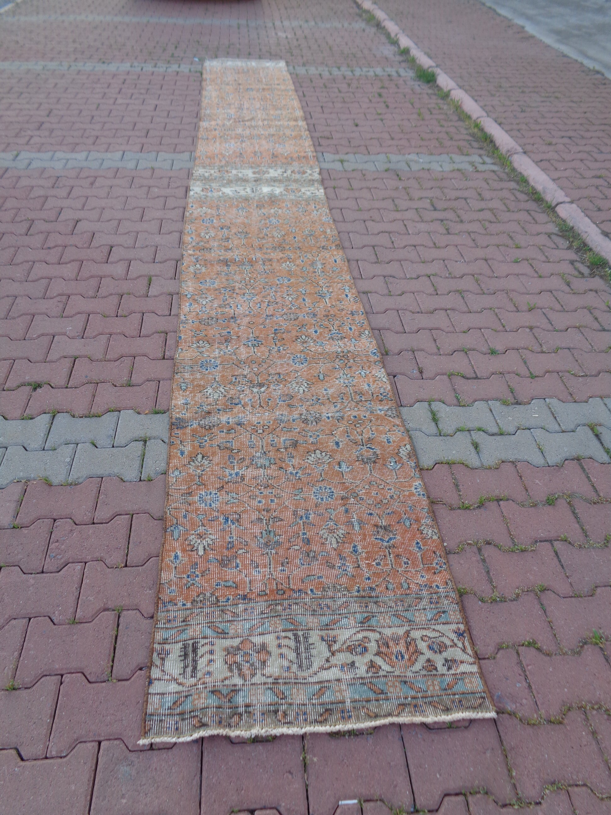 Extra Long Brick Color Runner, Vintage Stairway Runner, Floral Runner ...