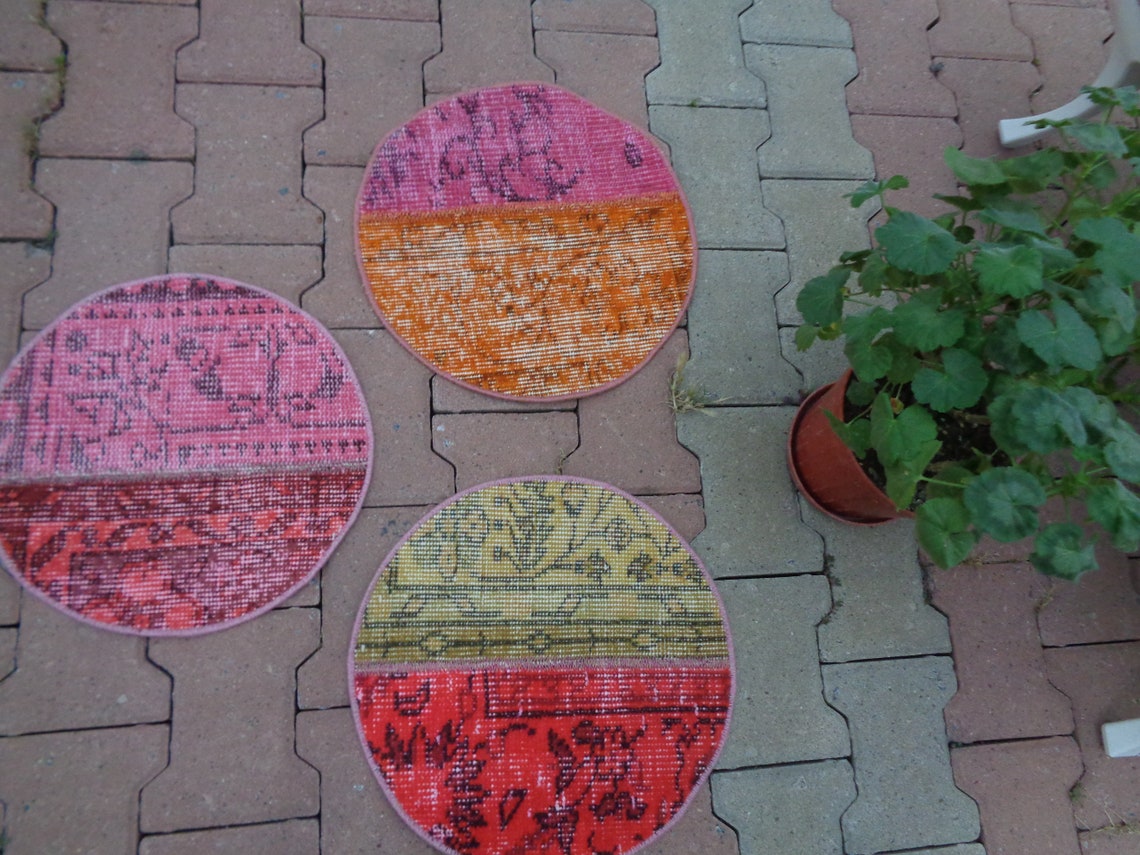 3 Vintage Coasters, Circle Rugs, Colorful Under Plates, Round Carpets ...
