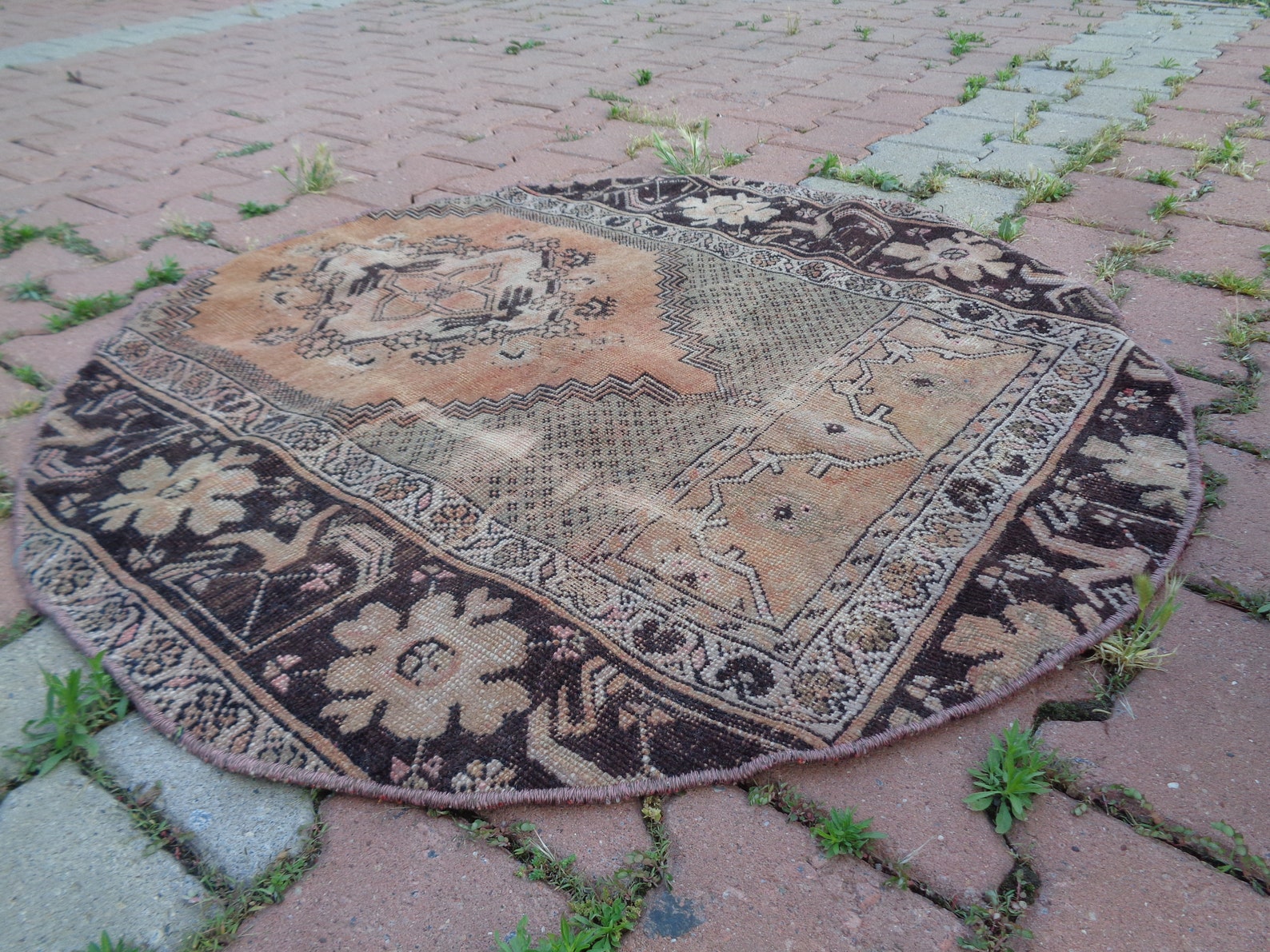 Vintage Circle Rug, Tile Round Rug, Brown Circle Carpet, Boho Kitchen ...