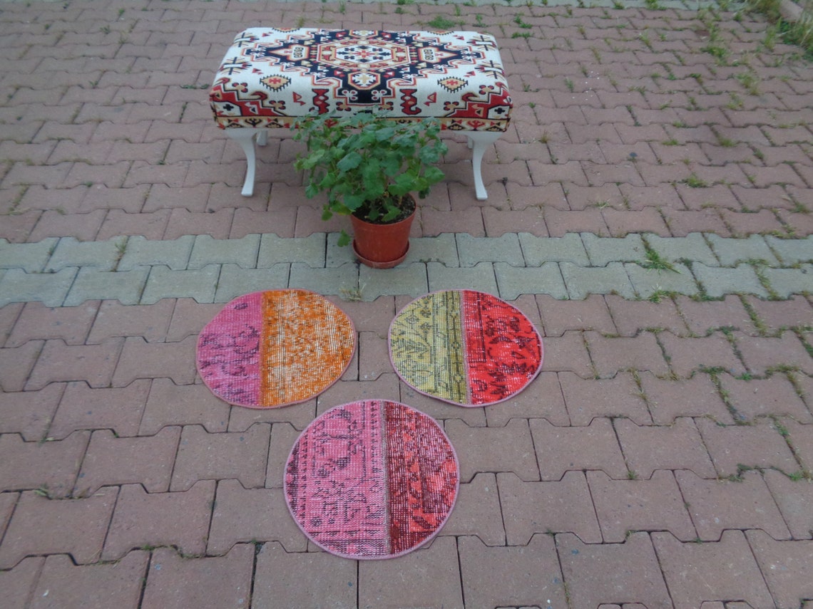 3 Vintage Coasters, Circle Rugs, Colorful Under Plates, Round Carpets ...