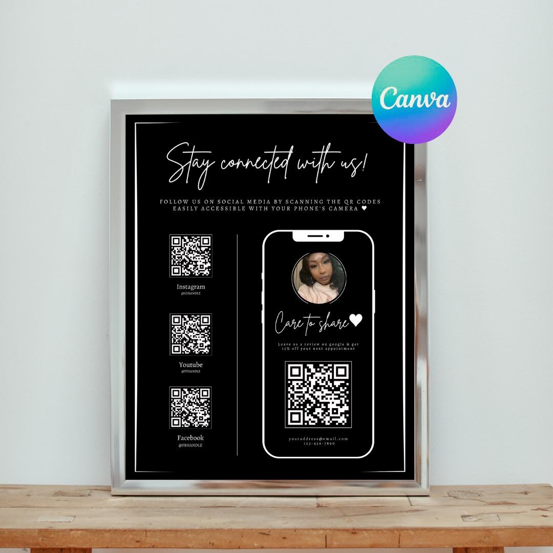 Stay Connected With Us & Review Canva Template | QR Code Sign for ...