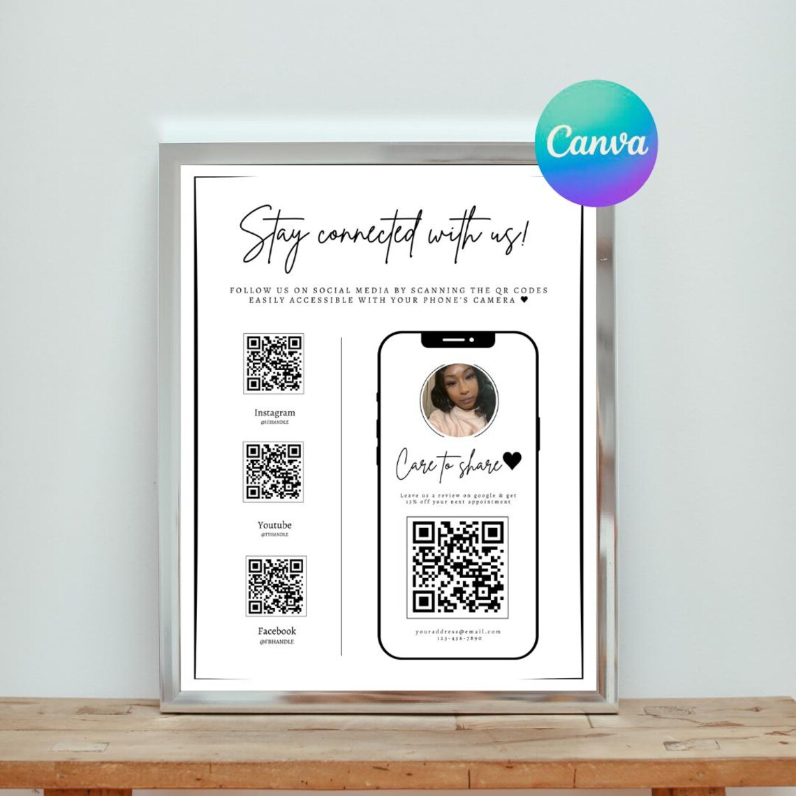 Stay Connected With Us & Review Canva Template | QR Code Sign for ...