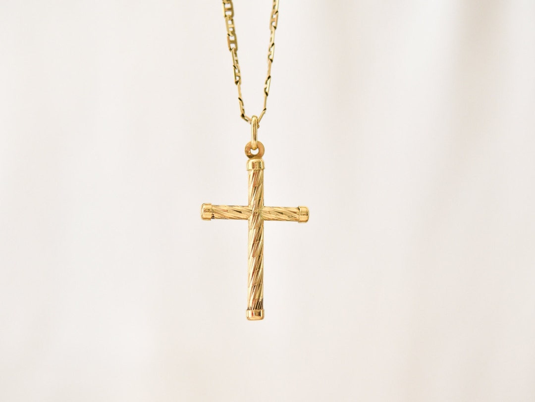 18K Solid Gold Cross Pendant Chain, Men's, Women's, Handmade, Made in ...