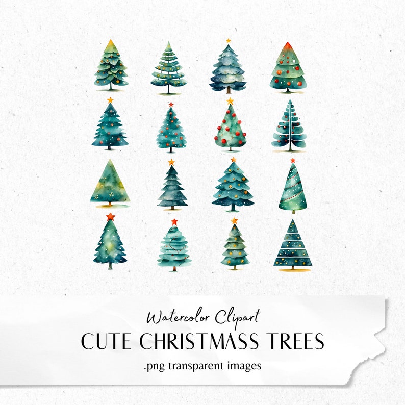 Cute Watercolor Christmas Tree Clipart, 16 Transparent PNG, Instant ...