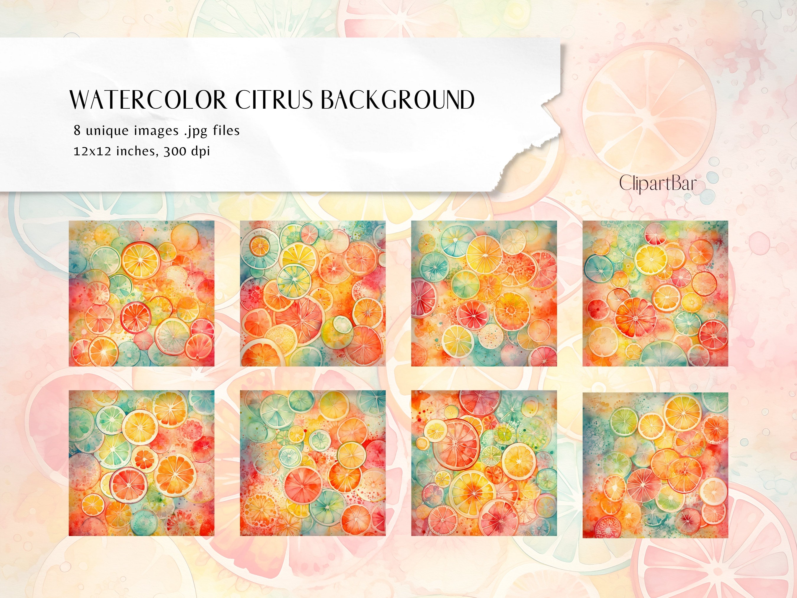 8 Citrus Watercolor Backgrounds Digital Paper Fresh Lemon, Orange ...