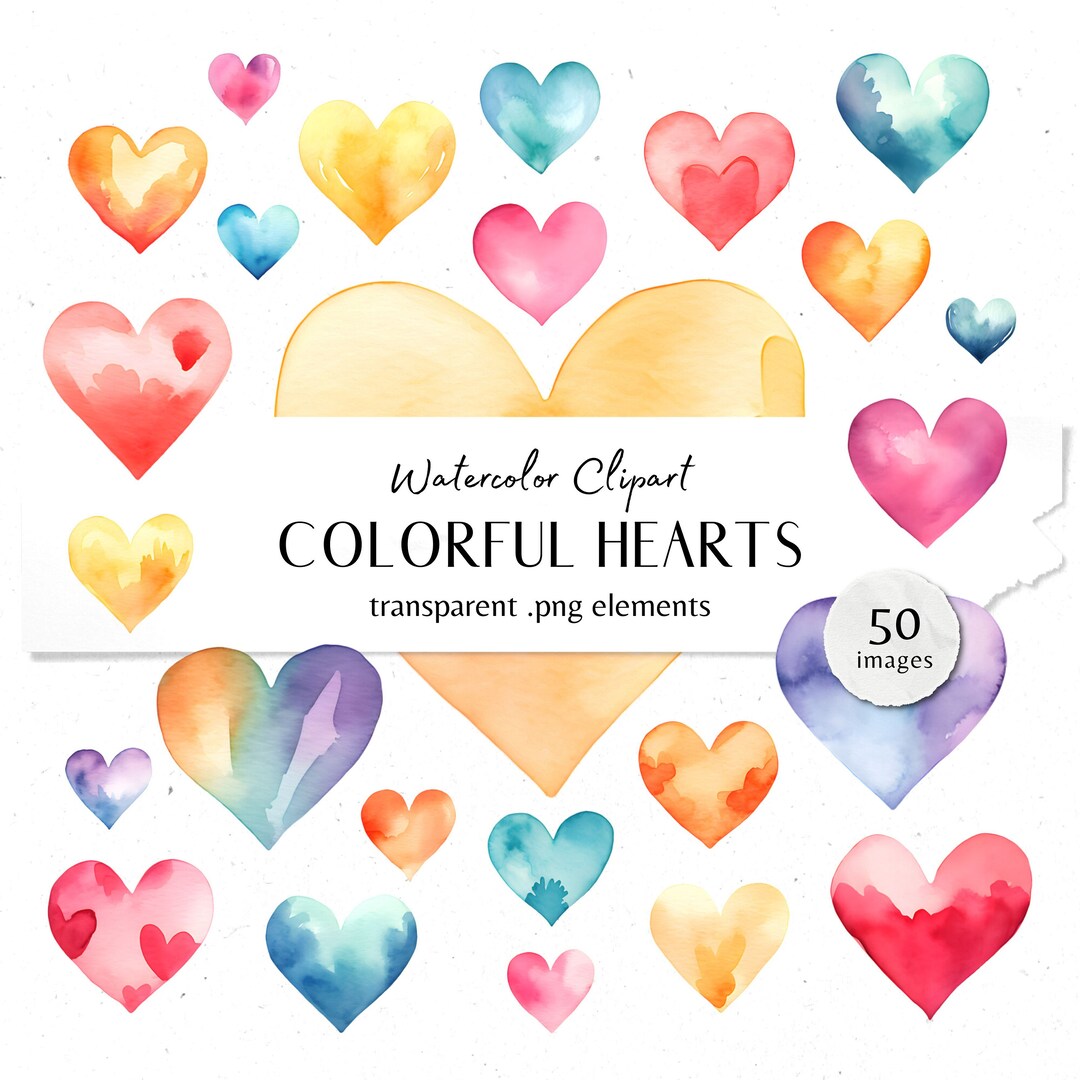 Watercolor Hearts Clip Art: 50 PNG Images, Romantic Valentine's Day ...