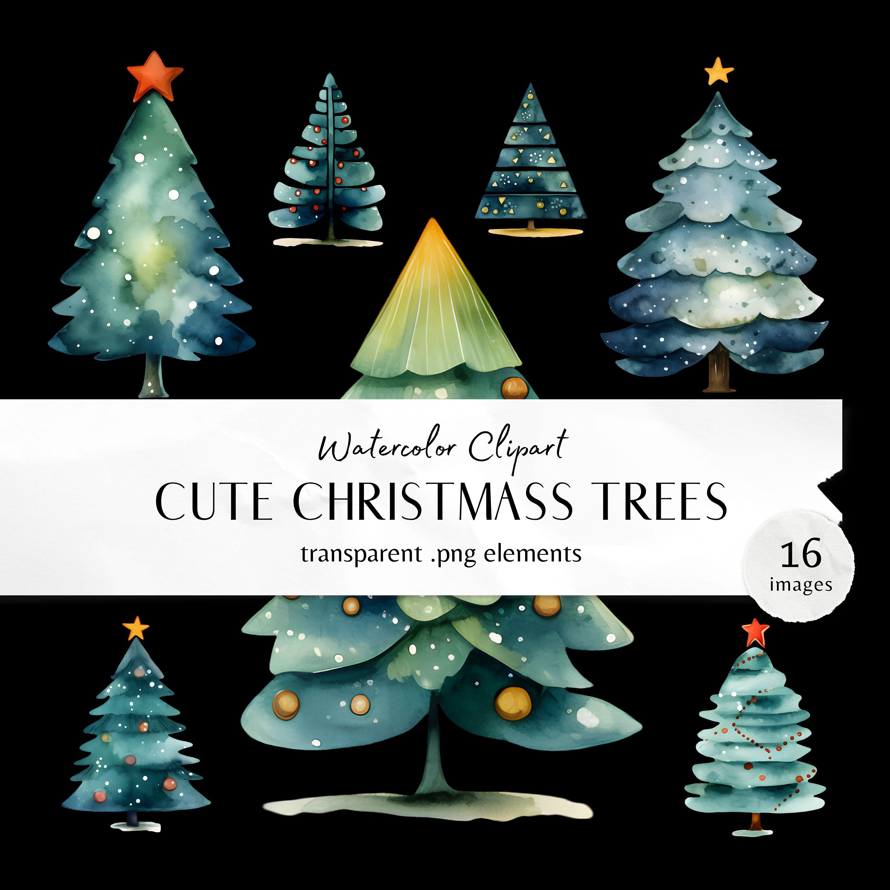 Cute Watercolor Christmas Tree Clipart, 16 Transparent PNG, Instant ...