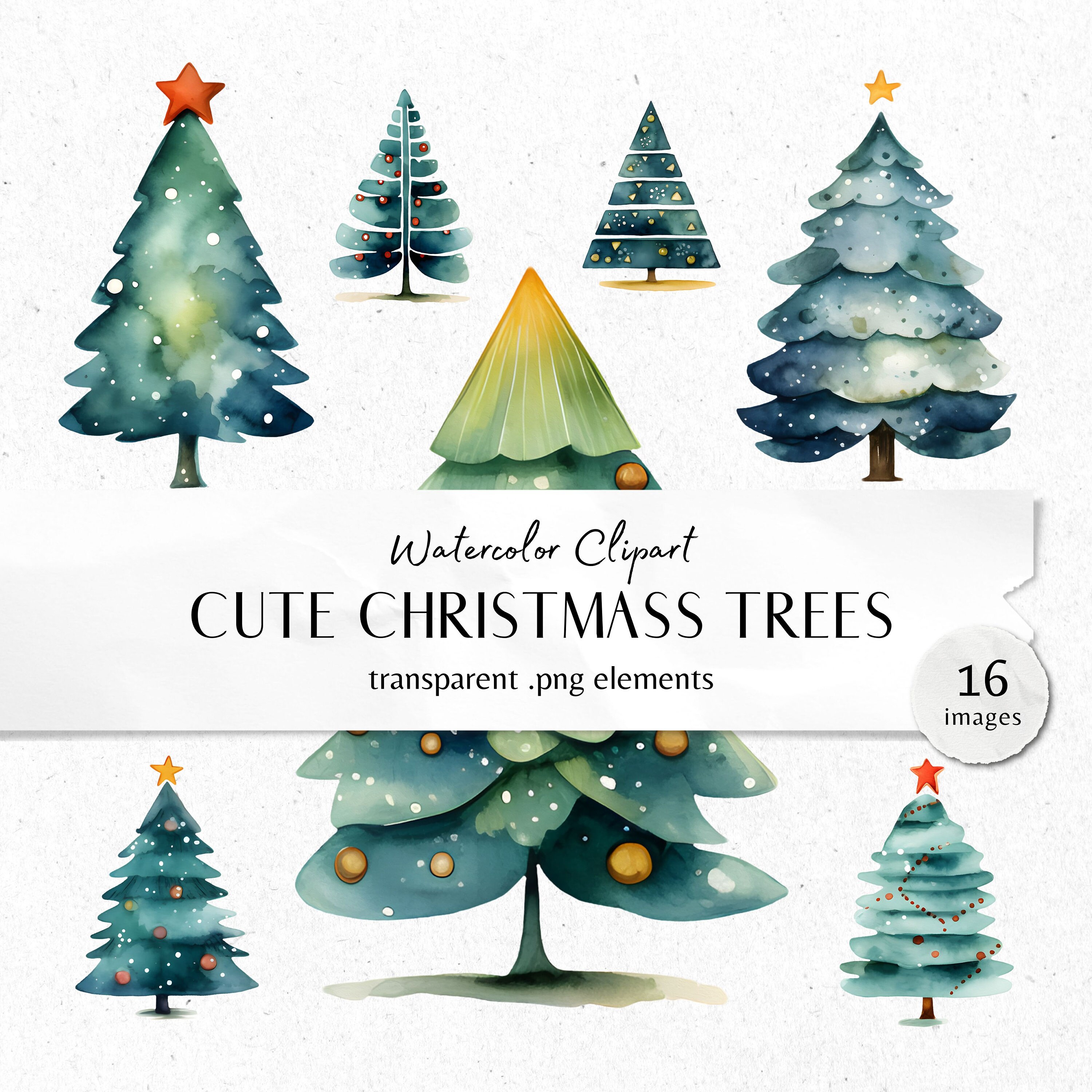 Cute Watercolor Christmas Tree Clipart, 16 Transparent PNG, Instant ...
