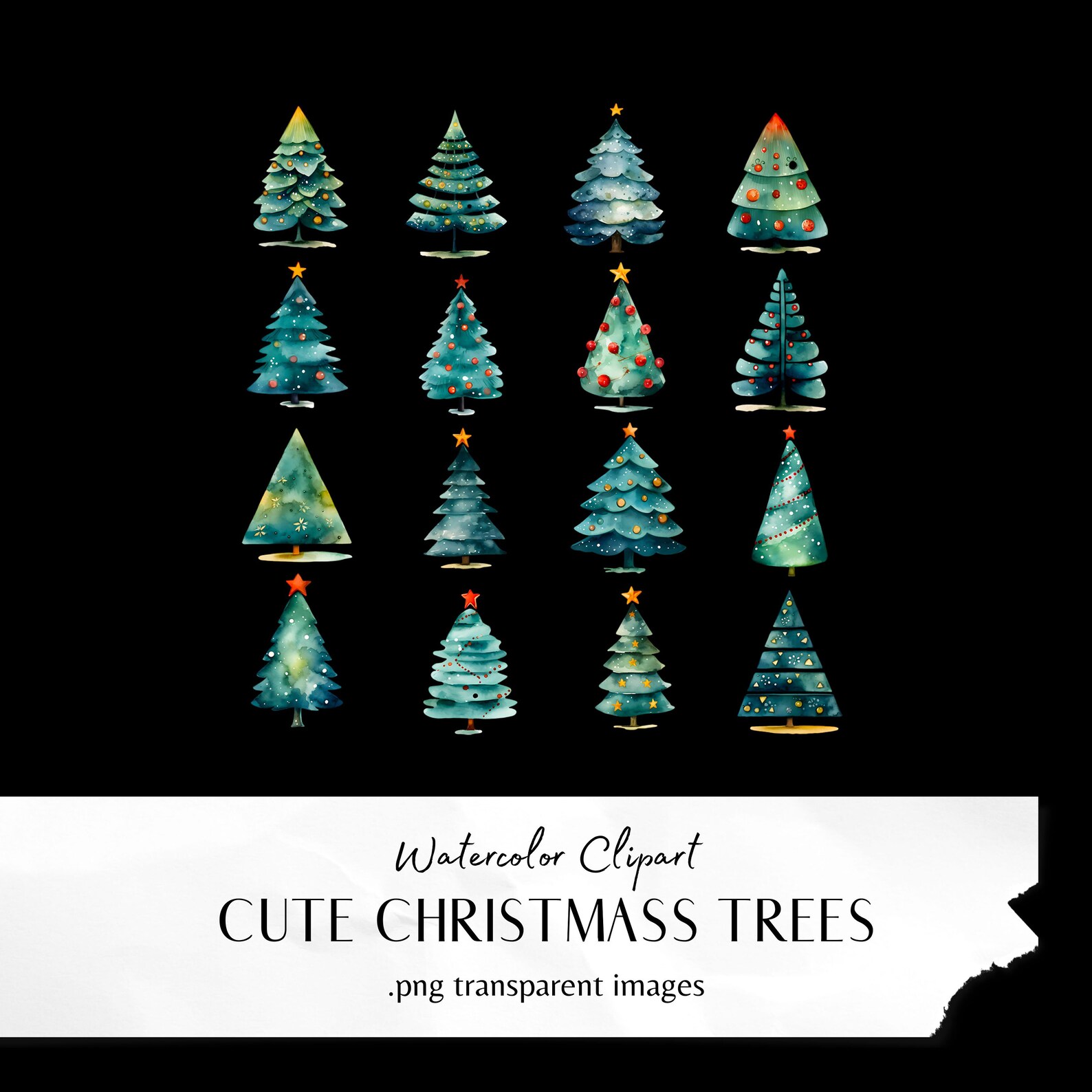 Cute Watercolor Christmas Tree Clipart, 16 Transparent PNG, Instant ...