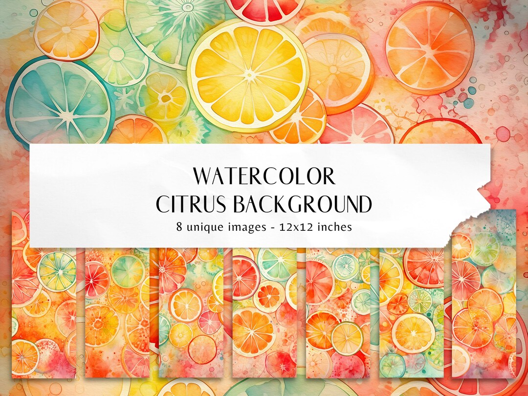 8 Citrus Watercolor Backgrounds Digital Paper - Fresh Lemon, Orange ...