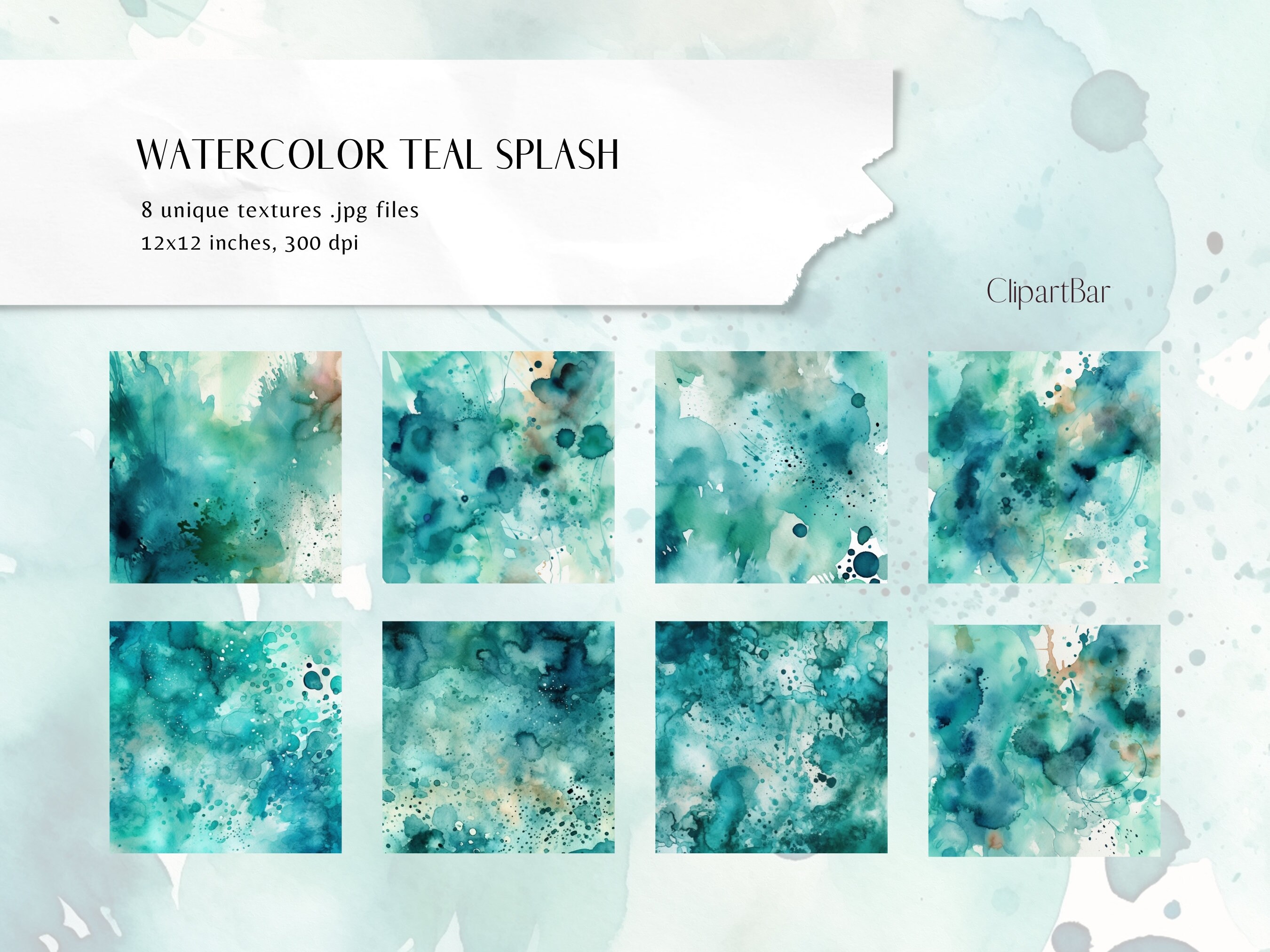 8 Teal Blue Watercolor Splashes Digital Paper, Texture, Stain, Washes ...