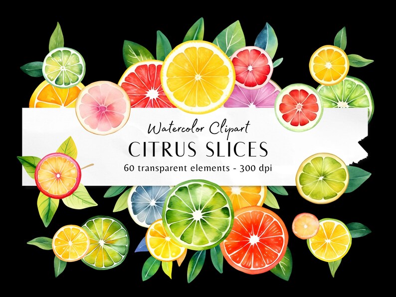 60 Juicy Citrus Watercolor Clipart - Lemon, Orange, Grapefruit, Lime ...