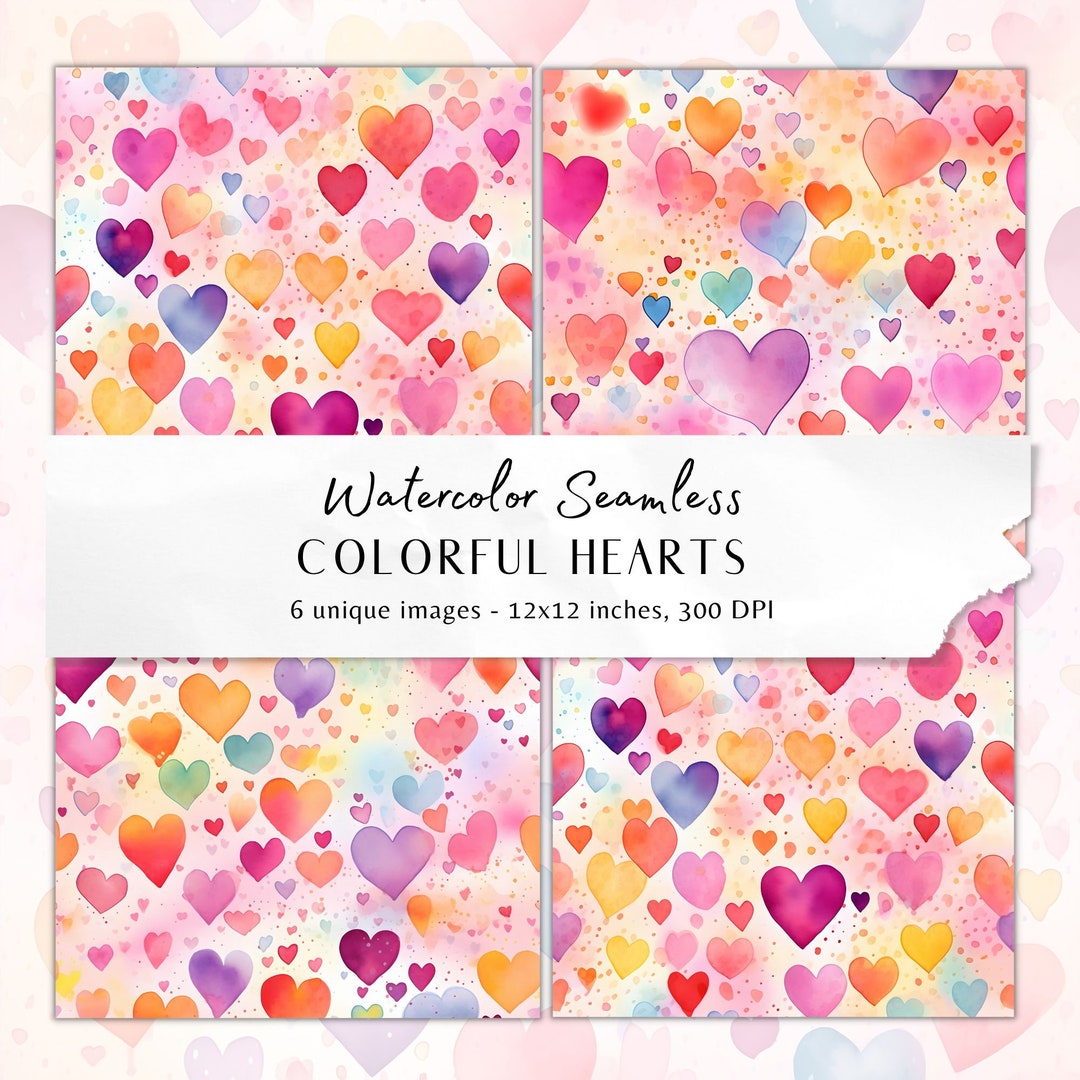Cute Watercolor Hearts Digital Paper, Seamless Valentine Printable ...
