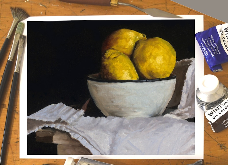 Lemon Still Life Oil Painting Print – Moody Cottage Kitchen Wall Art ...