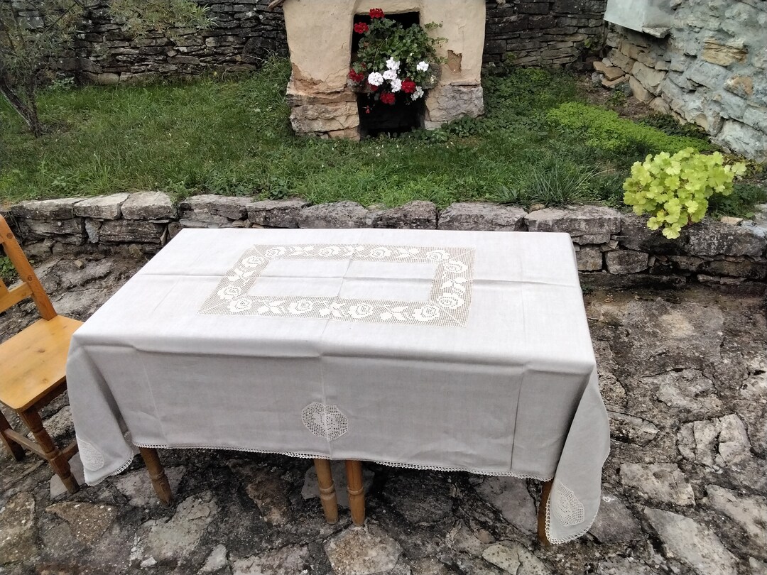 Tablecloth in Antique Style a Unique Linen Grey Crocheted Motifs Rose ...