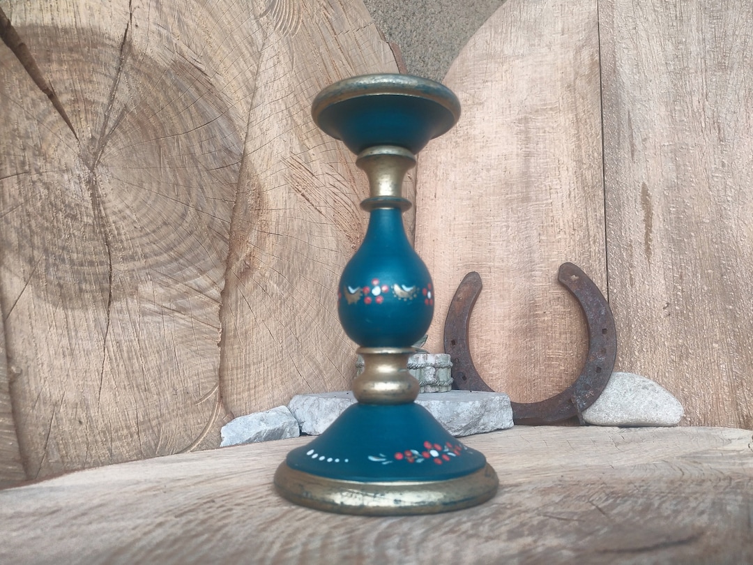 Vintag Turned Wood Candlestick, German Folk Art Handpainted Candle ...