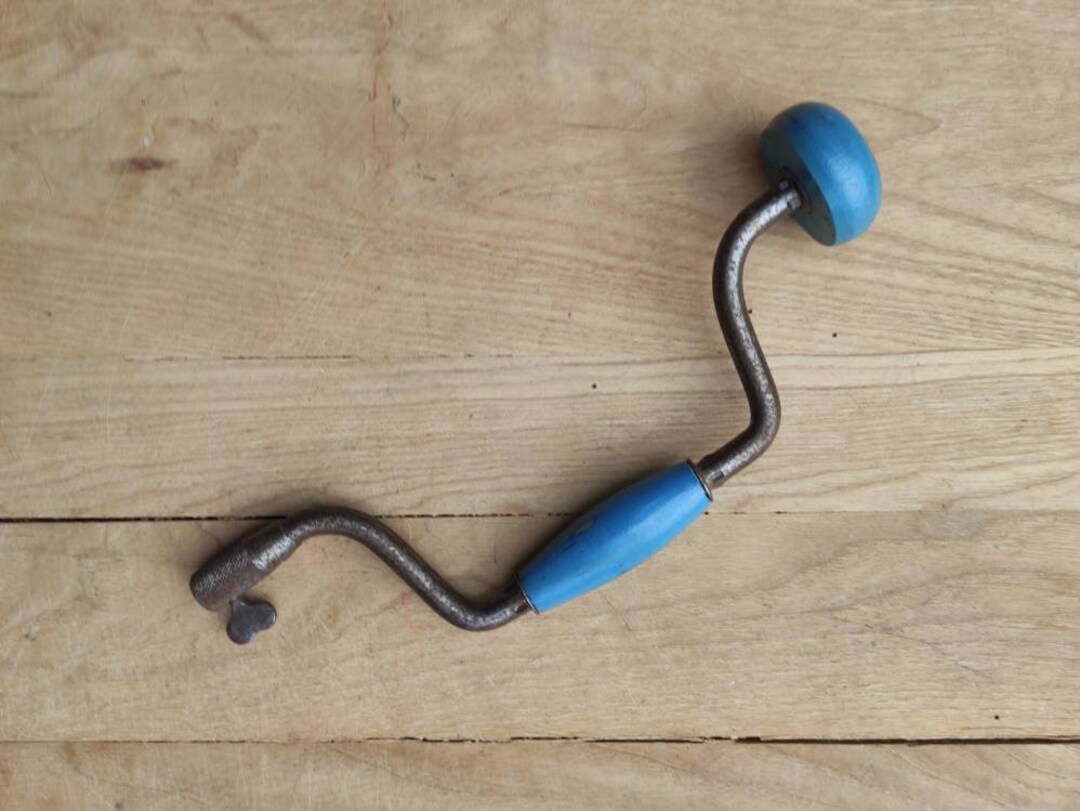 Vintage Blue Wooden Handled Hand Drill With Simple Butterfly Screw Head ...