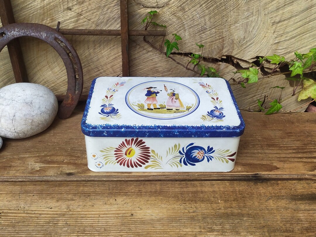 Vintage French Massilly Hinged Lid Tin With HB Henriot Quimper Pottery ...