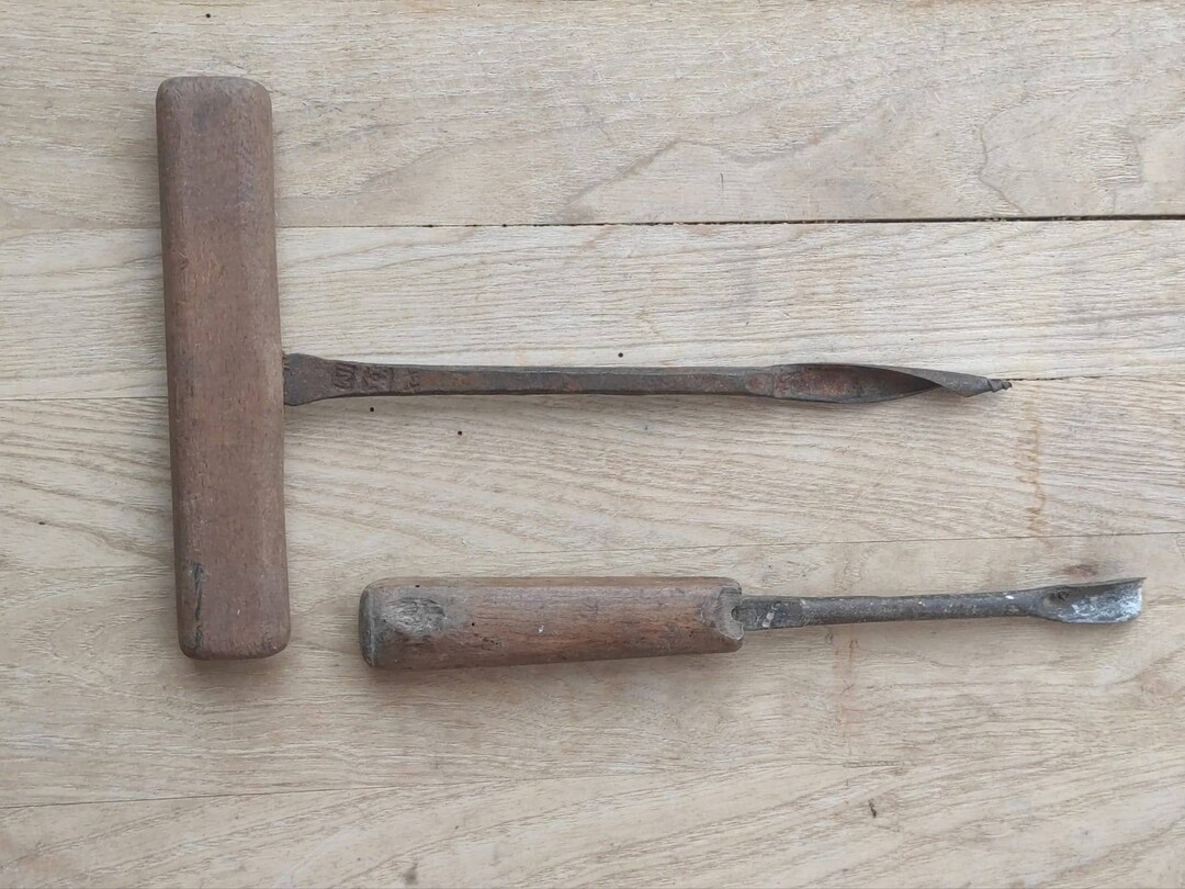 Vintage Primitive Wood Chisel and Hand Drill, Rustic Wall Hanging Decor ...