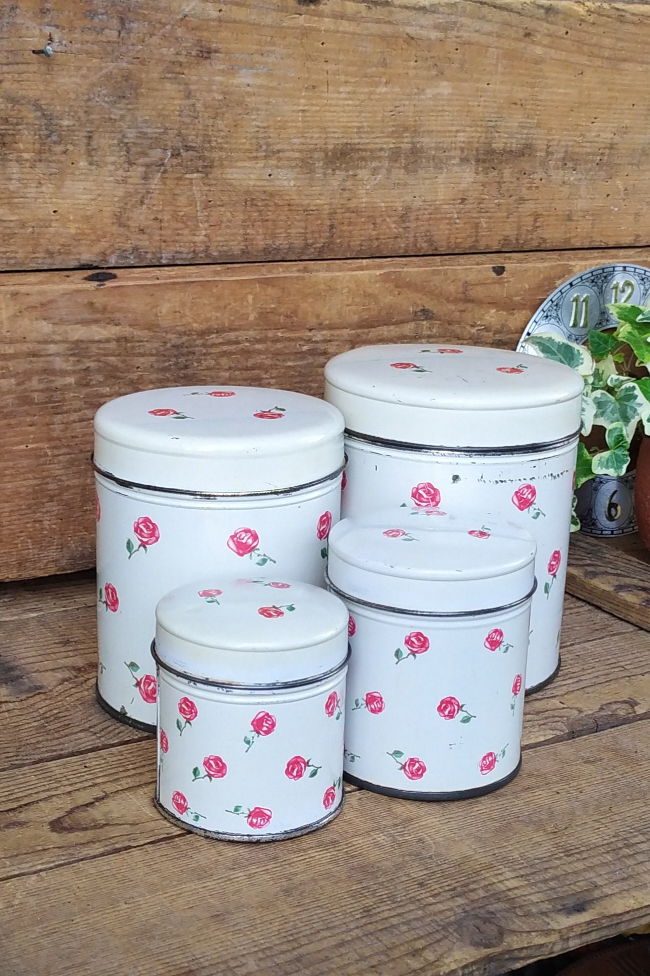Vintage Tin Kitchen Canister Set With Roses Kitchen - Etsy