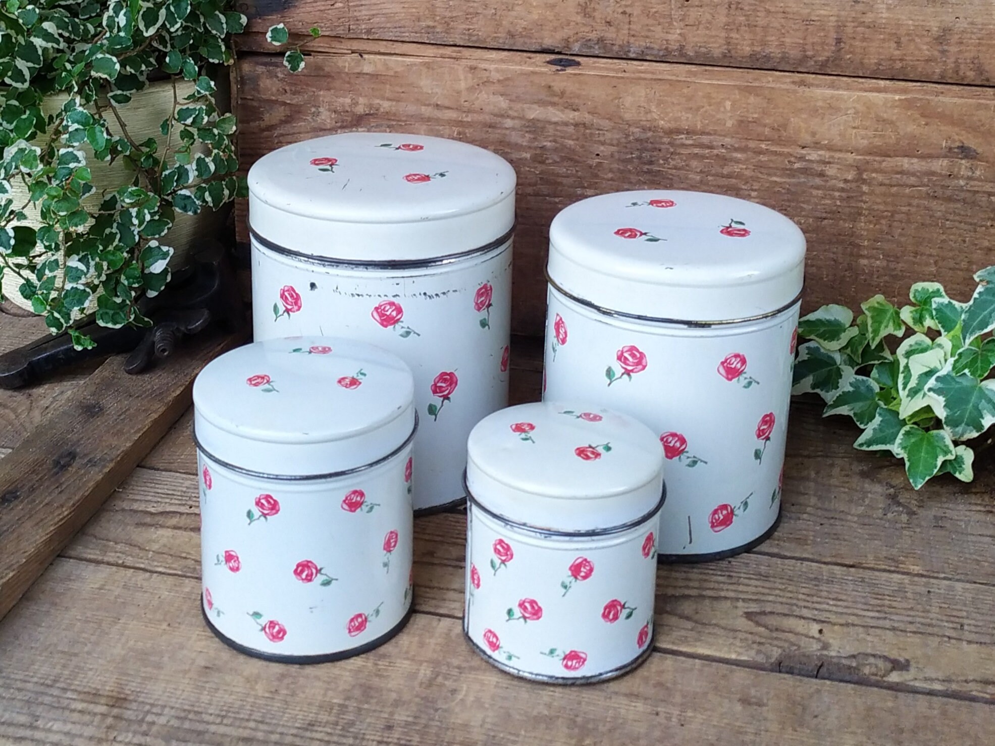 Vintage Tin Kitchen Canister Set With Roses Kitchen - Etsy